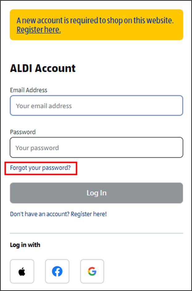 Forgotten Password I Customer Support ALDI